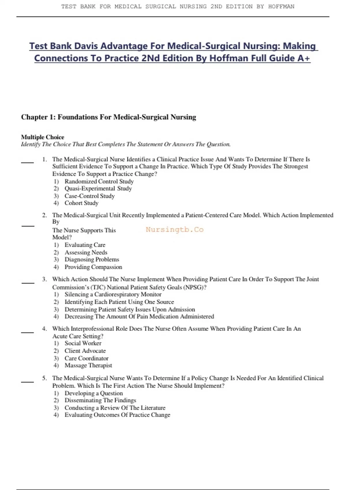 TEST BANK Davis Advantage for Medical-Surgical Nursing: Making ...