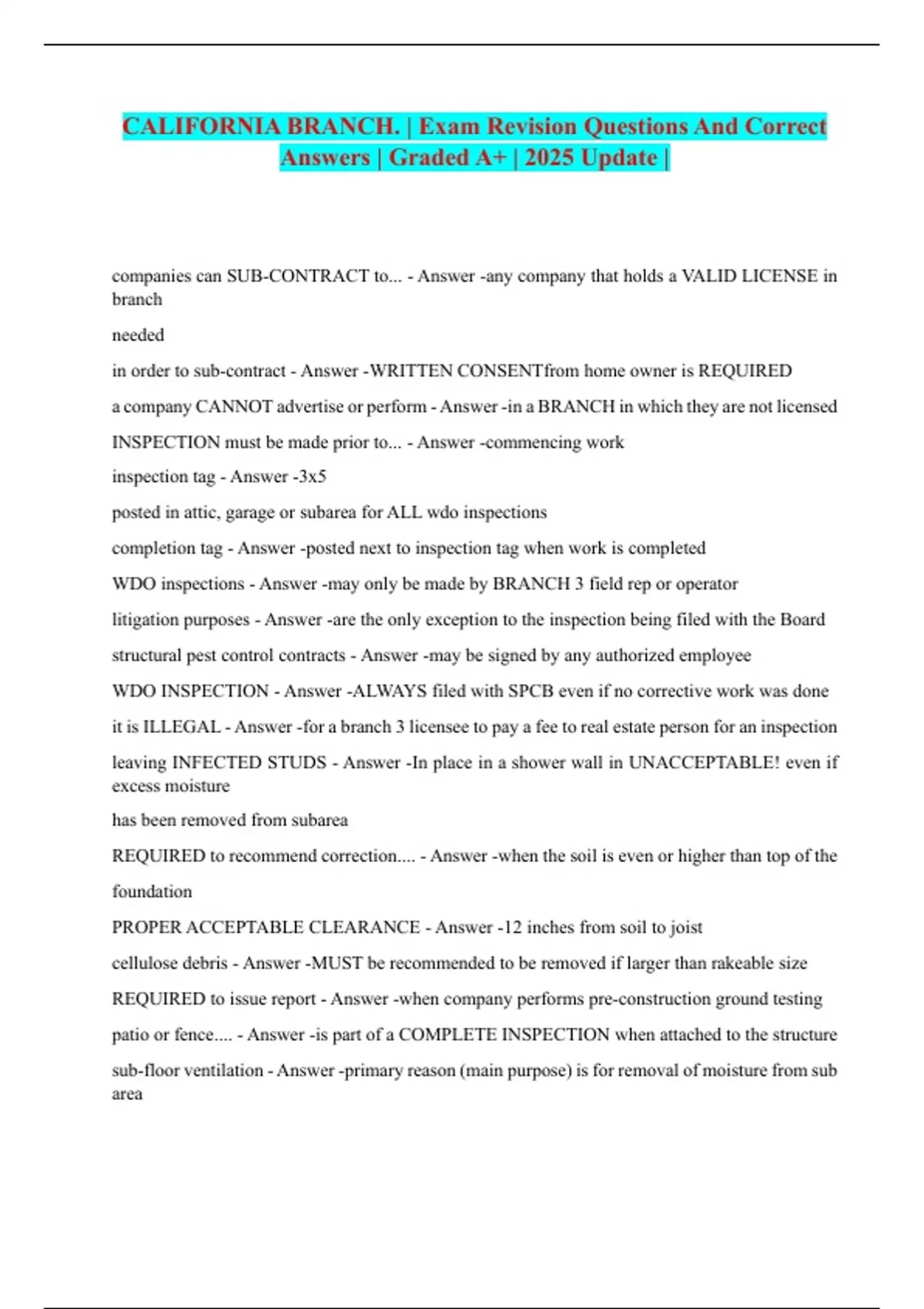 CALIFORNIA BRANCH. | Exam Revision Questions And Correct Answers ...