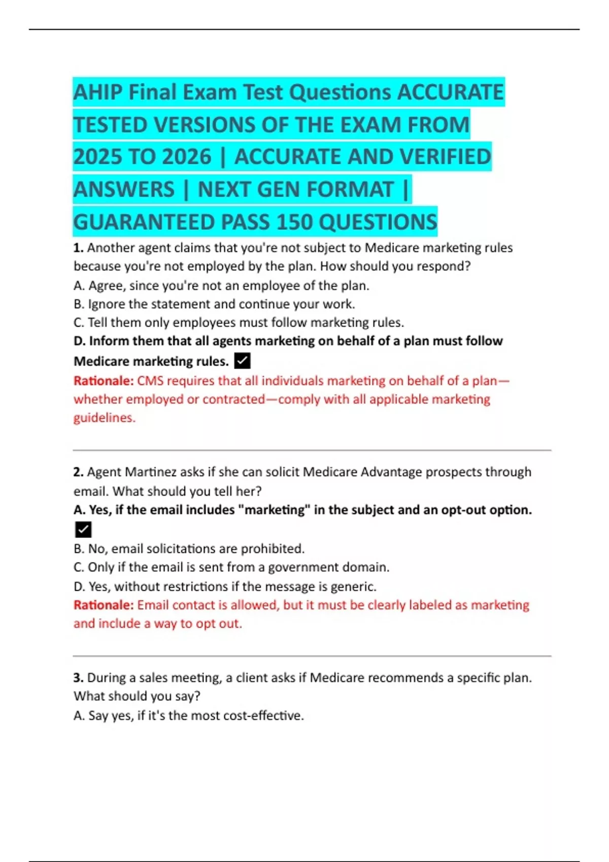AHIP Final Exam Test Questions ACCURATE TESTED VERSIONS OF THE EXAM ...