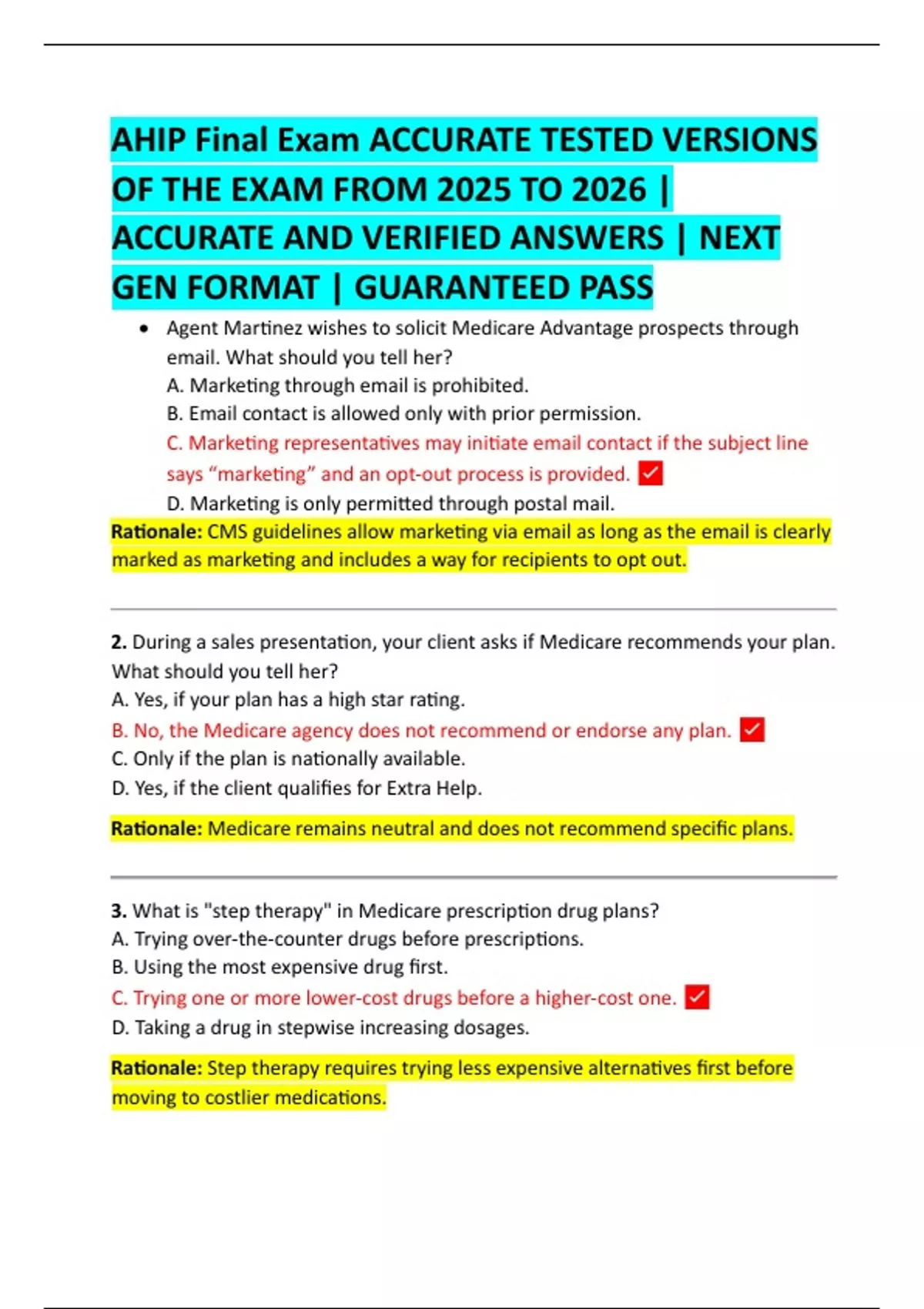 AHIP Final Exam ACCURATE TESTED VERSIONS OF THE EXAM FROM 2025 TO 2026 ...
