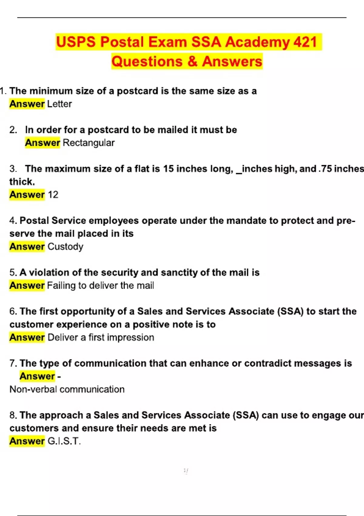 USPS Postal Exam 421 SSA Academy- Actual 2025 Questions and Verified ...