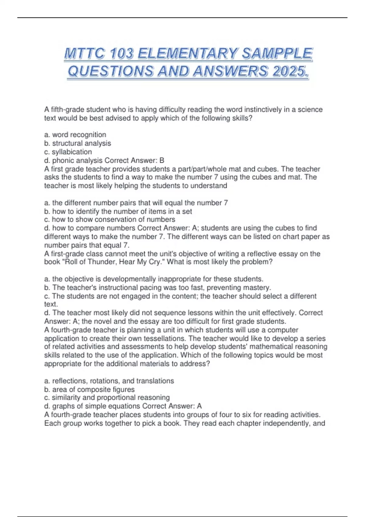 MTTC 103 ELEMENTARY SAMPPLE QUESTIONS AND ANSWERS 2025. - CLEAN - Stuvia US