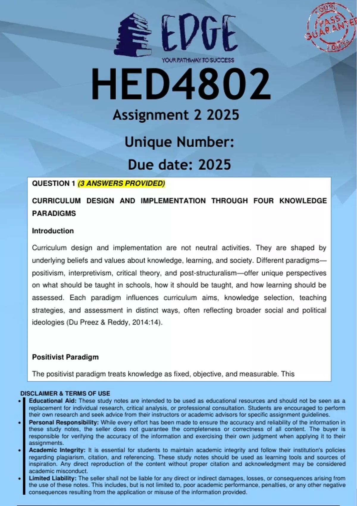 HED4802 Assignment 2 (ANSWERS) 2025 - DISTINCTION GUARANTEED - Curriculum Studies (HED4802 ...