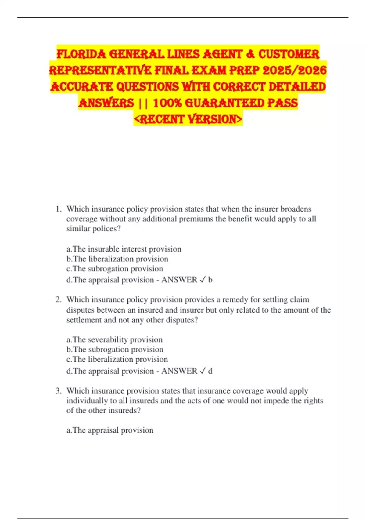 Florida General Lines Agent & Customer Representative FINAL EXAM PREP ...