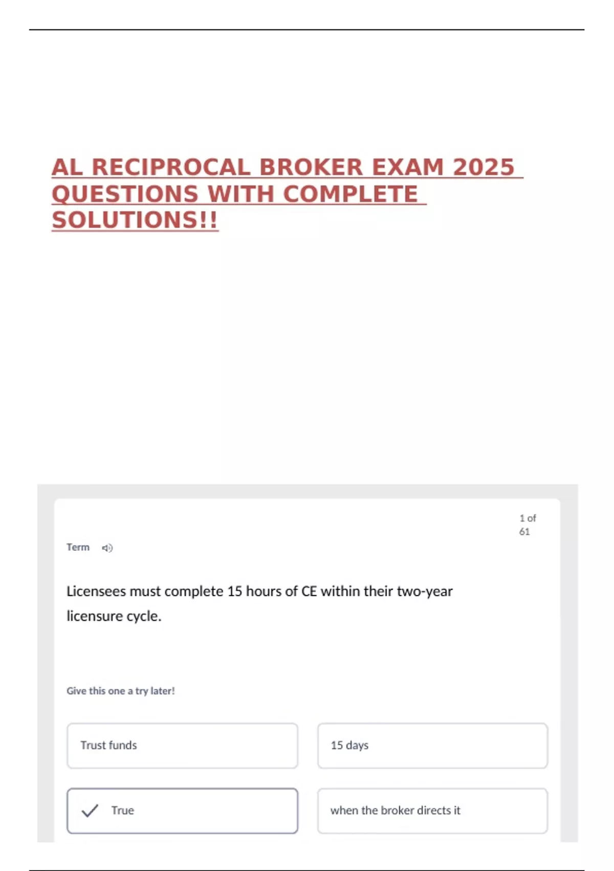 AL RECIPROCAL BROKER EXAM 2025 QUESTIONS WITH COMPLETE SOLUTIONS ...