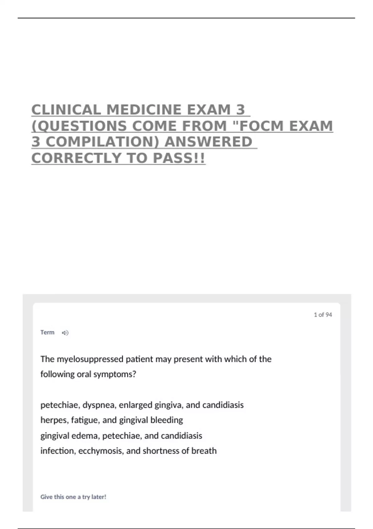 CLINICAL MEDICINE EXAM 3 (QUESTIONS COME FROM "FOCM EXAM 3 COMPILATION ...
