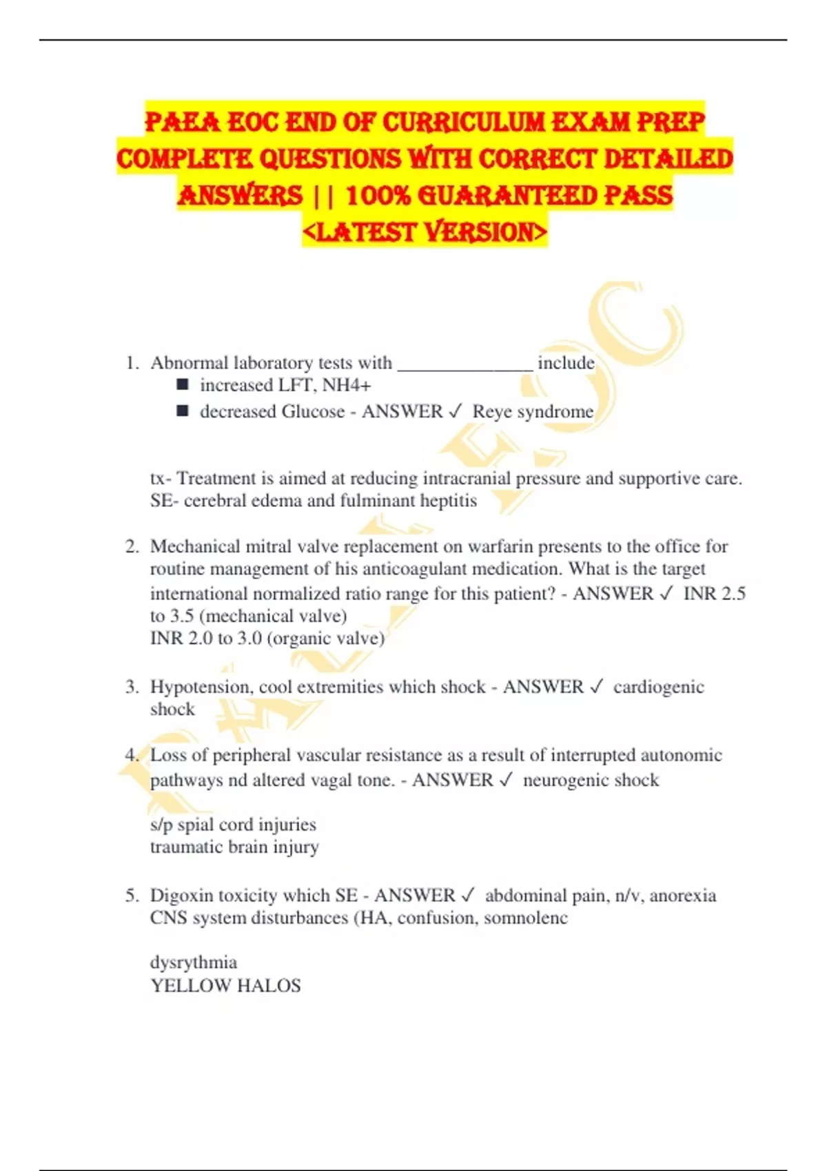 PAEA EOC End Of Curriculum EXAM PREP COMPLETE QUESTIONS WITH CORRECT ...