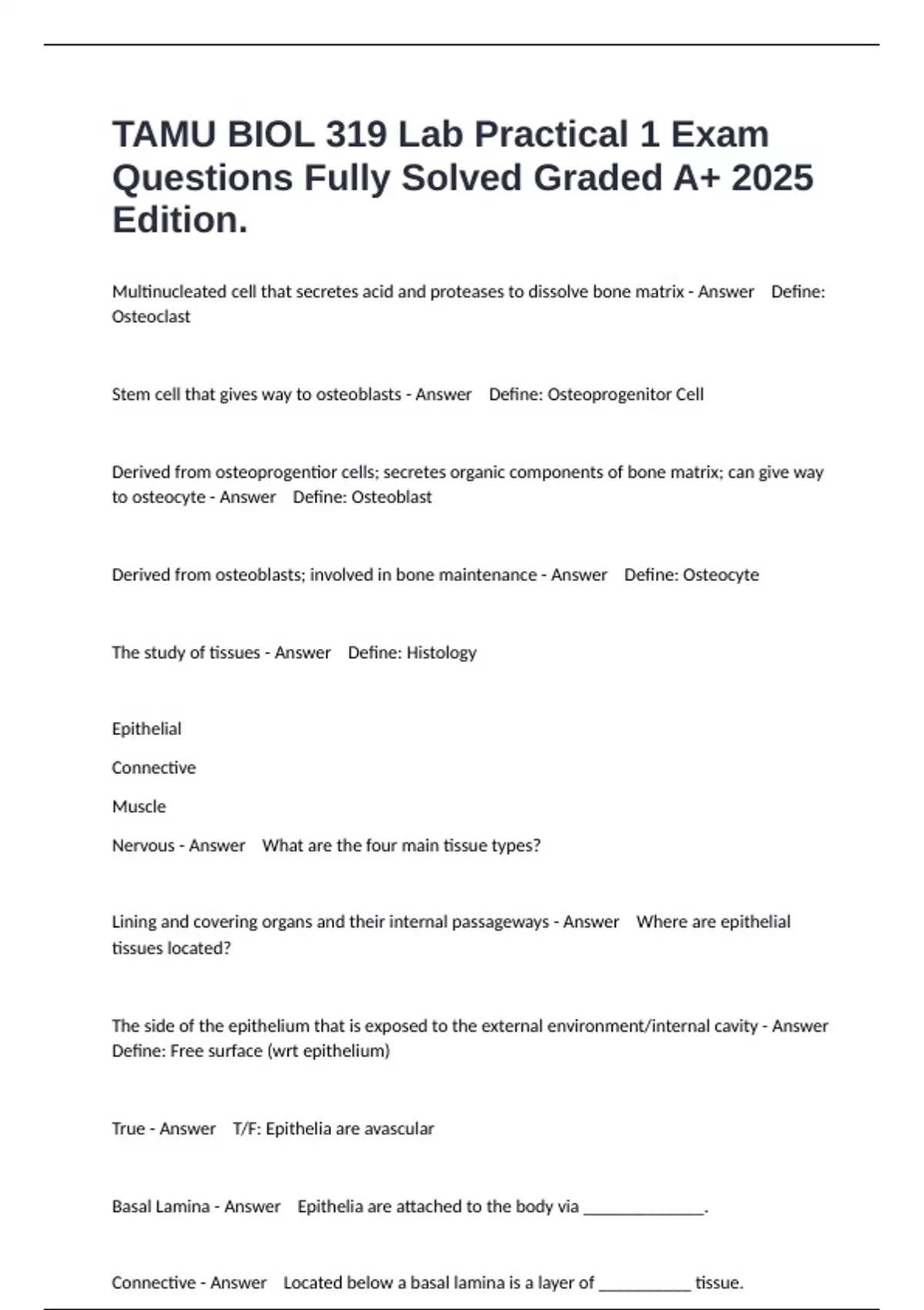 TAMU BIOL 319 Lab Practical 1 Exam Questions Fully Solved Graded A+ 2025 Edition. - BIOL 319 ...