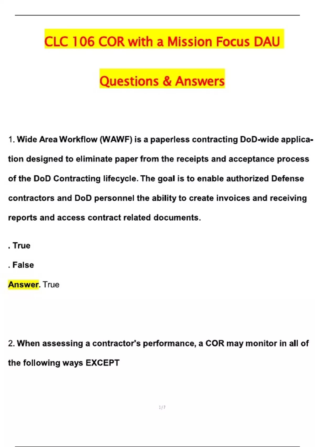 CLC 106 COR with a Mission Focus DAU Actual 2025 Complete Questions and ...