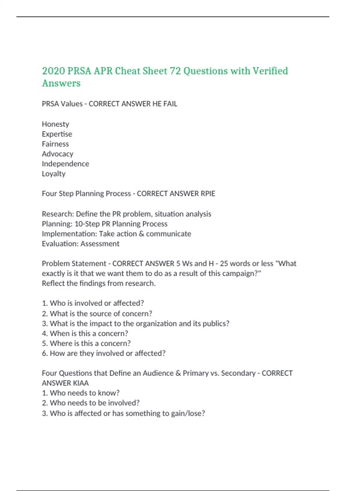 2020 PRSA APR Cheat Sheet 72 Questions with Verified Answers,100 ...