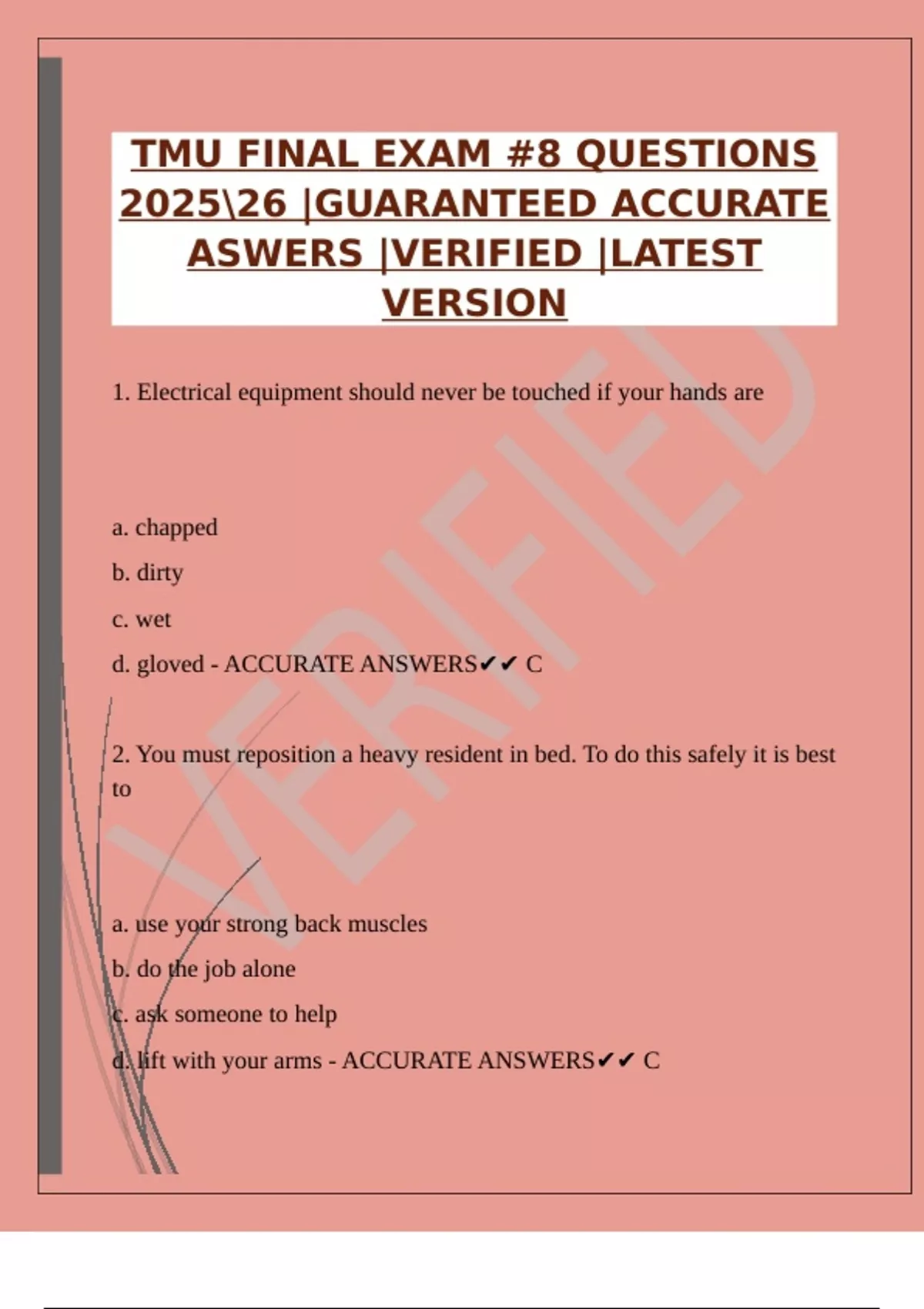 TMU FINAL EXAM #8 QUESTIONS 202526 |GUARANTEED ACCURATE ASWERS ...