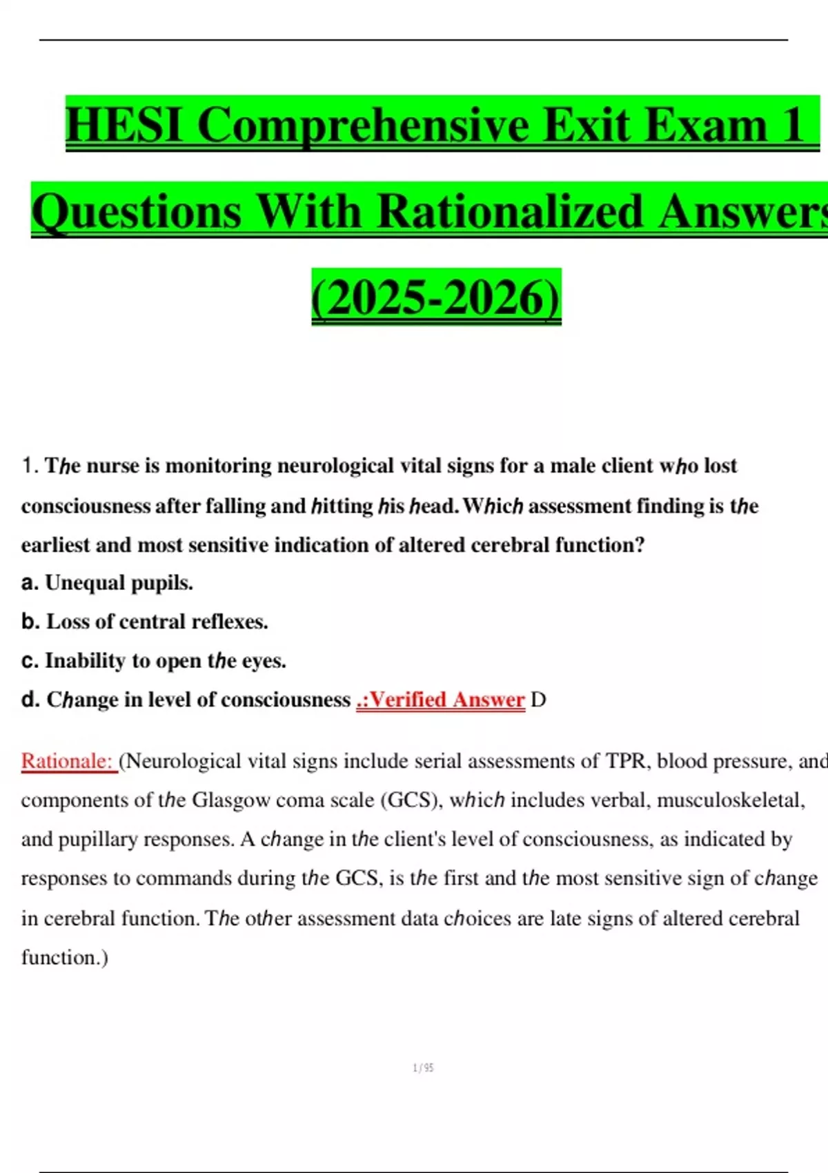 HESI Comprehensive Exit Exam 1 Questions With Rationalized Answers ...