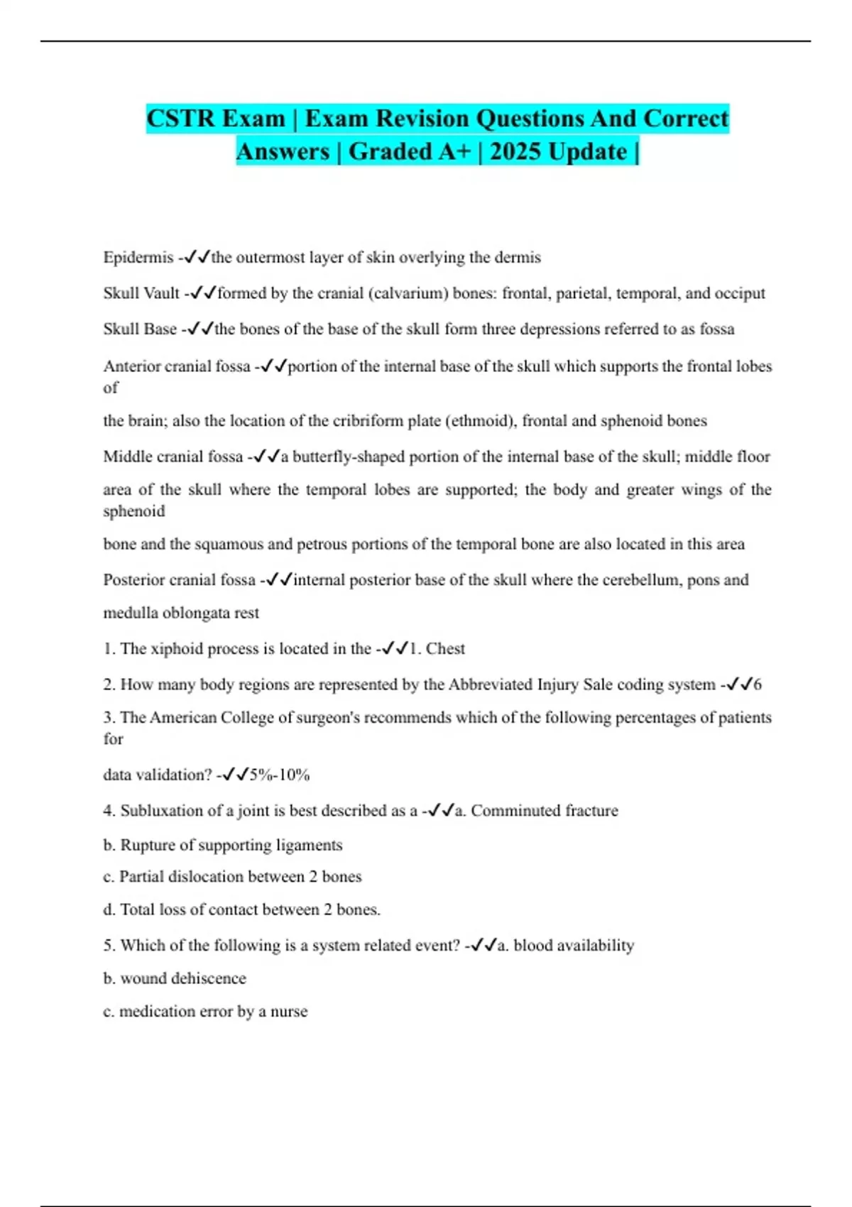 CSTR Exam | Exam Revision Questions And Correct Answers | Graded A+ | 2025 Update | - Portage ...