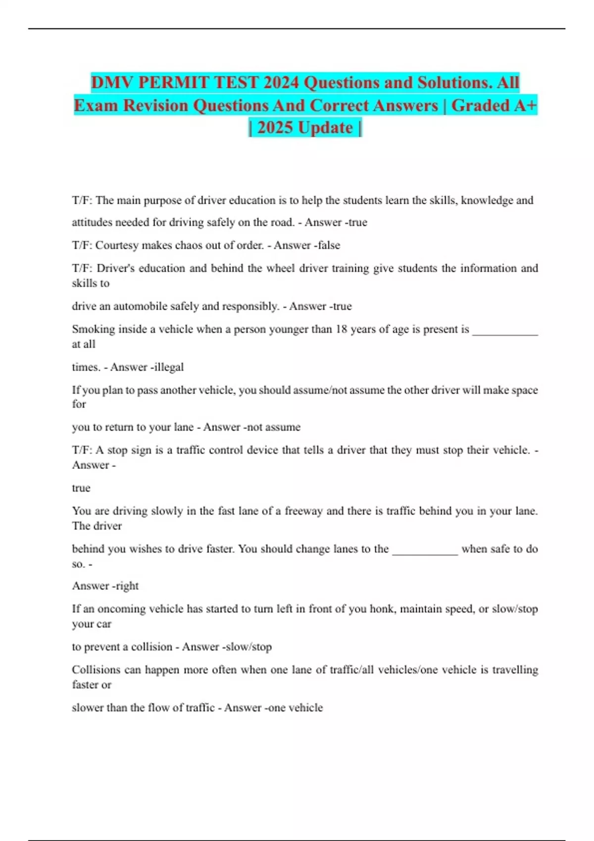 DMV PERMIT TEST 2024 Questions and Solutions. All Exam Revision ...