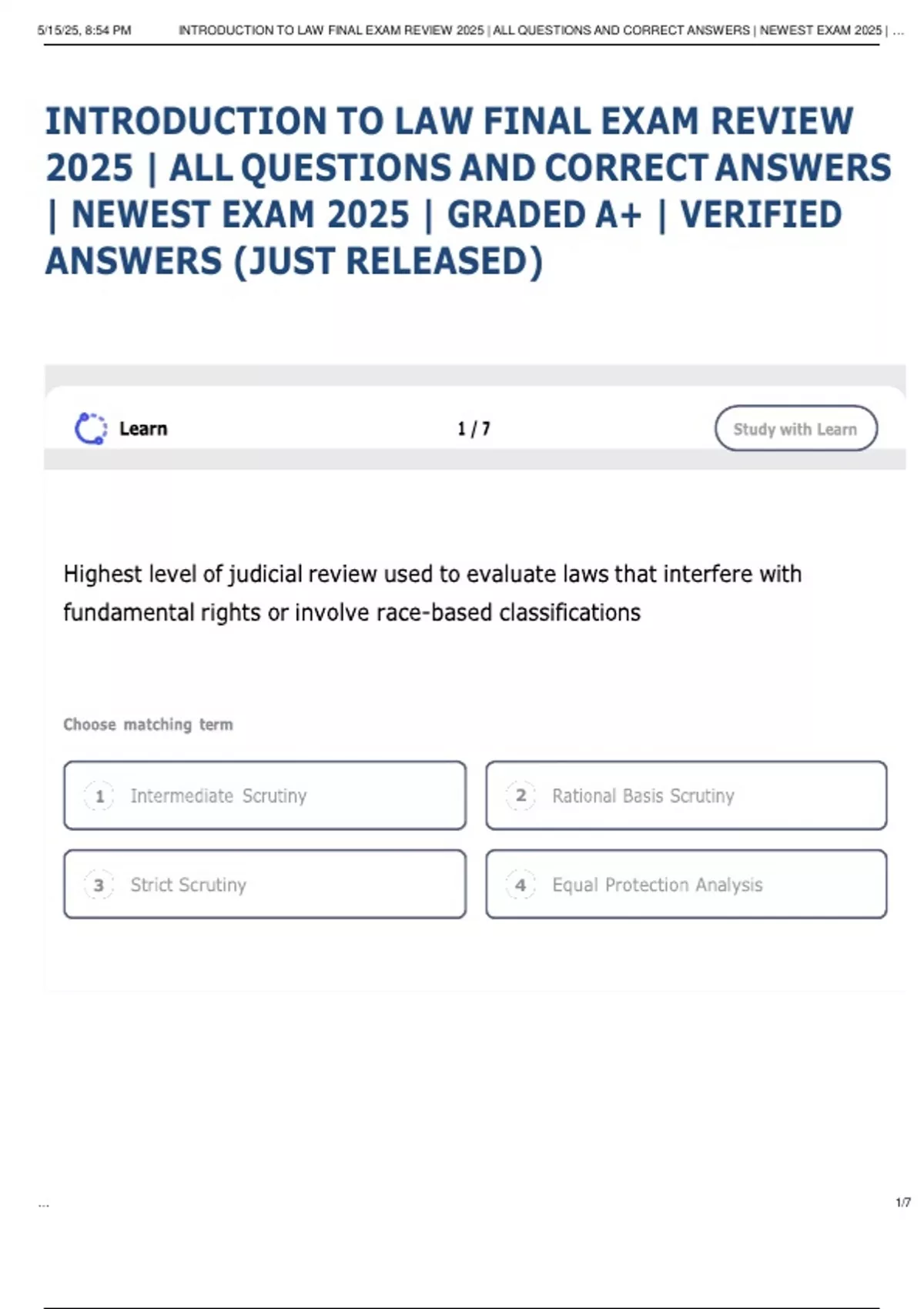 INTRODUCTION TO LAW FINAL EXAM REVIEW 2025 | ALL QUESTIONS AND CORRECT ...
