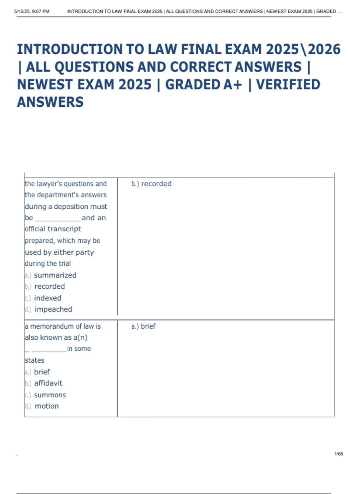 INTRODUCTION TO LAW FINAL EXAM | ALL QUESTIONS AND CORRECT ANSWERS | NEWEST EXAM 2025 | GRADED ...