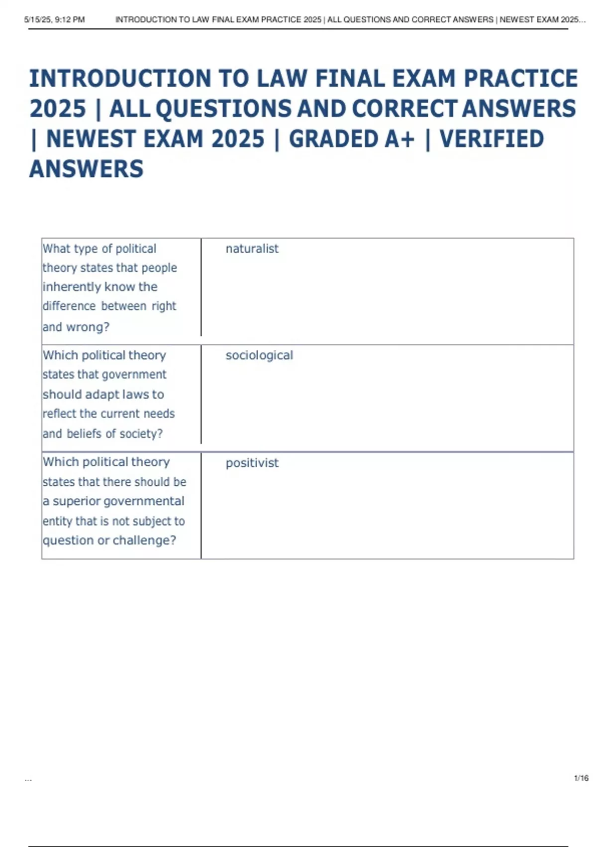 INTRODUCTION TO LAW FINAL EXAM PRACTICE 2025 | ALL QUESTIONS AND CORRECT ANSWERS | NEWEST EXAM ...