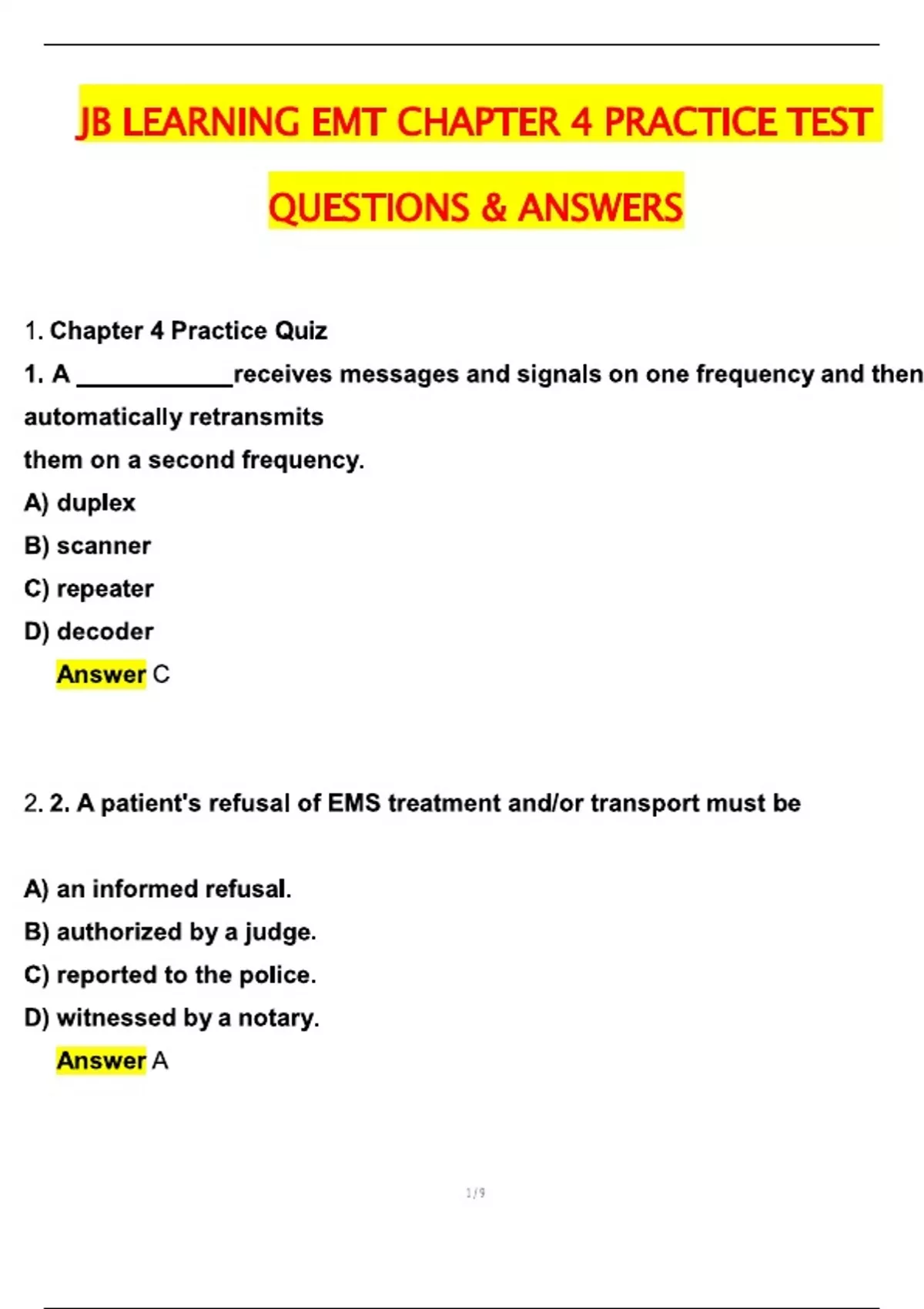 JB LEARNING EMT Chapter 4 Practice Test Latest 2025 Actual Questions ...