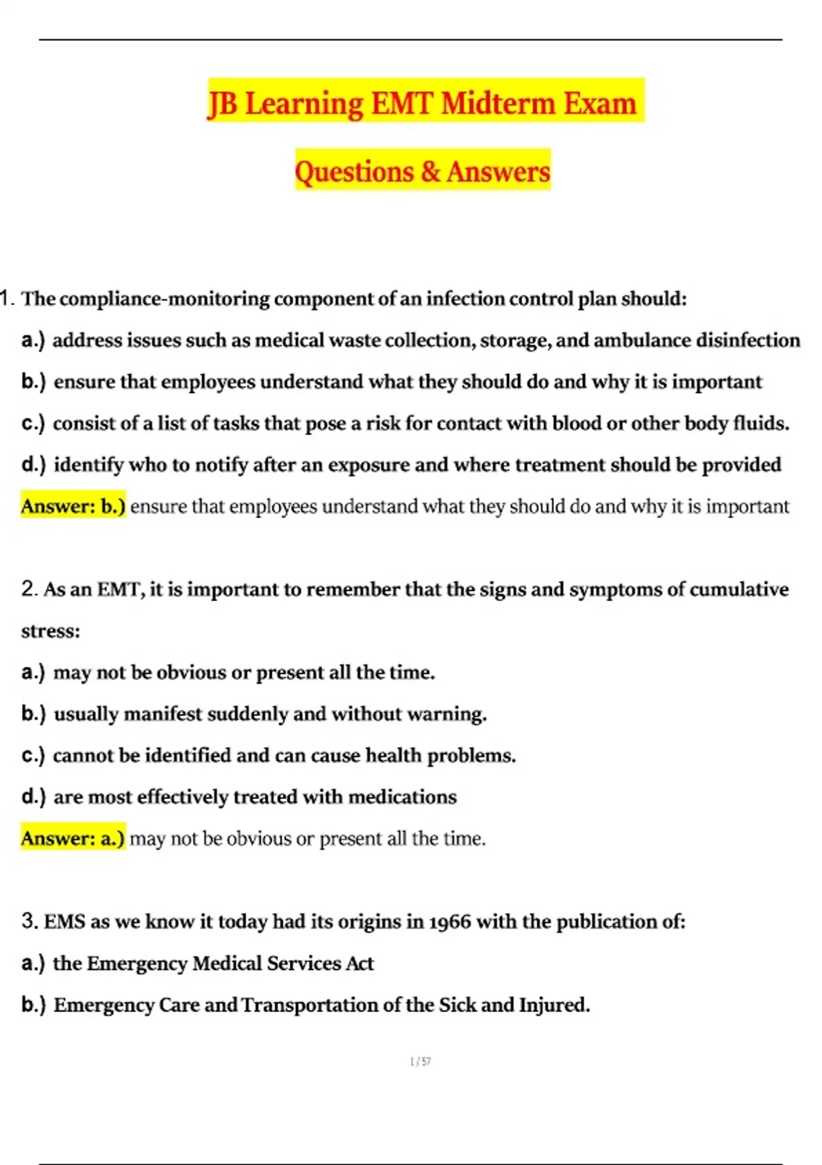 JB LEARNING EMT MIDTERM EXAM Latest 2025 Actual Questions and Verified ...