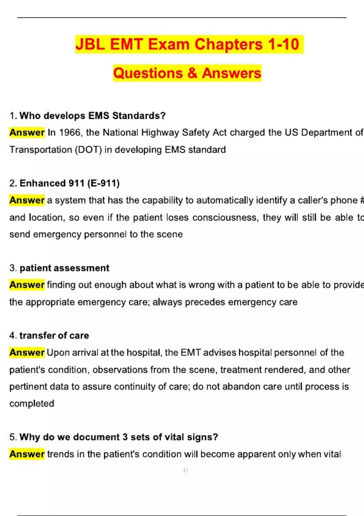 JB LEARNING EMT Chapters 1-10 Exam Latest 2025 Actual Questions and ...