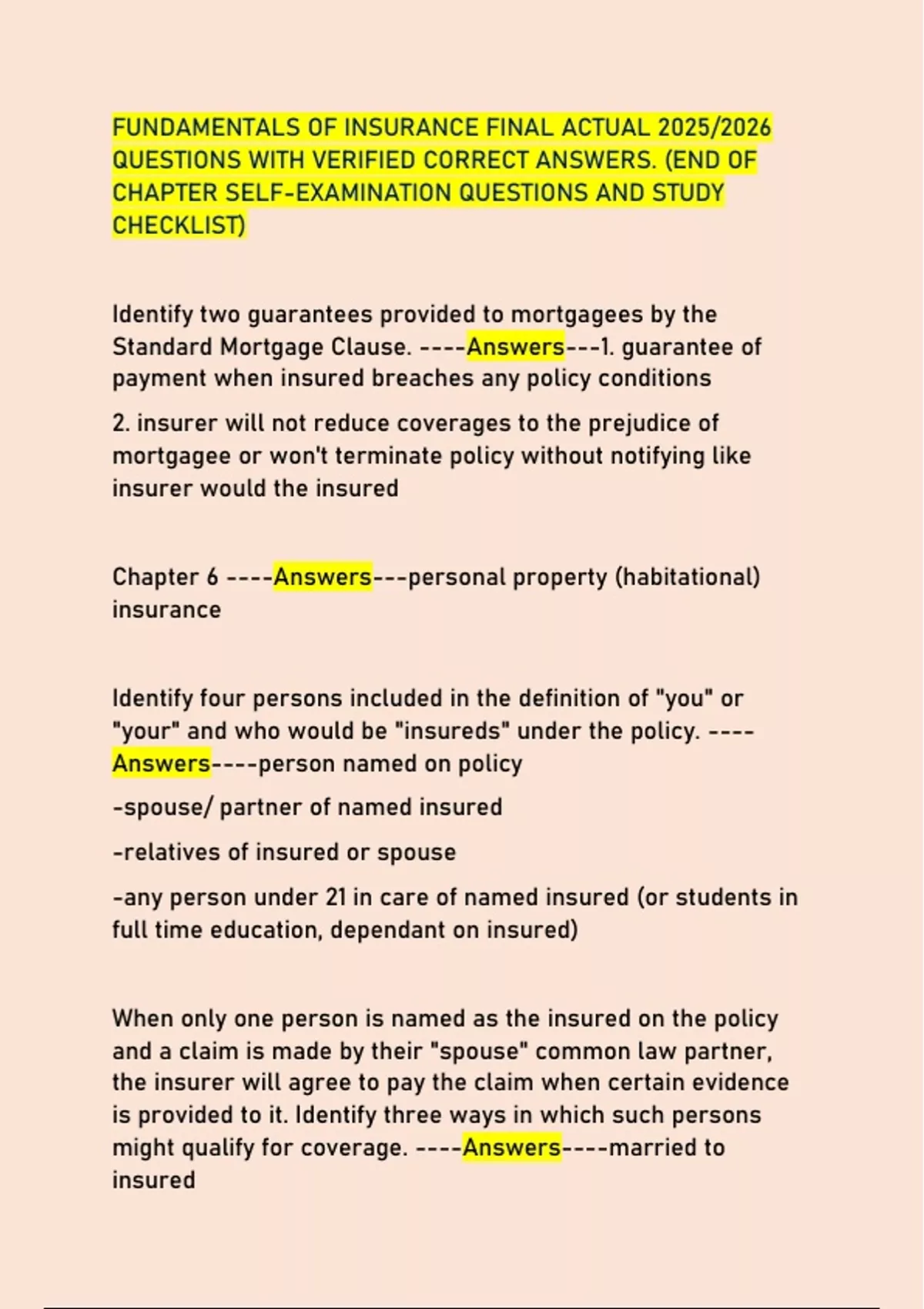 FUNDAMENTALS OF INSURANCE FINAL ACTUAL 2025/2026 QUESTIONS WITH VERIFIED CORRECT ANSWERS. (END ...