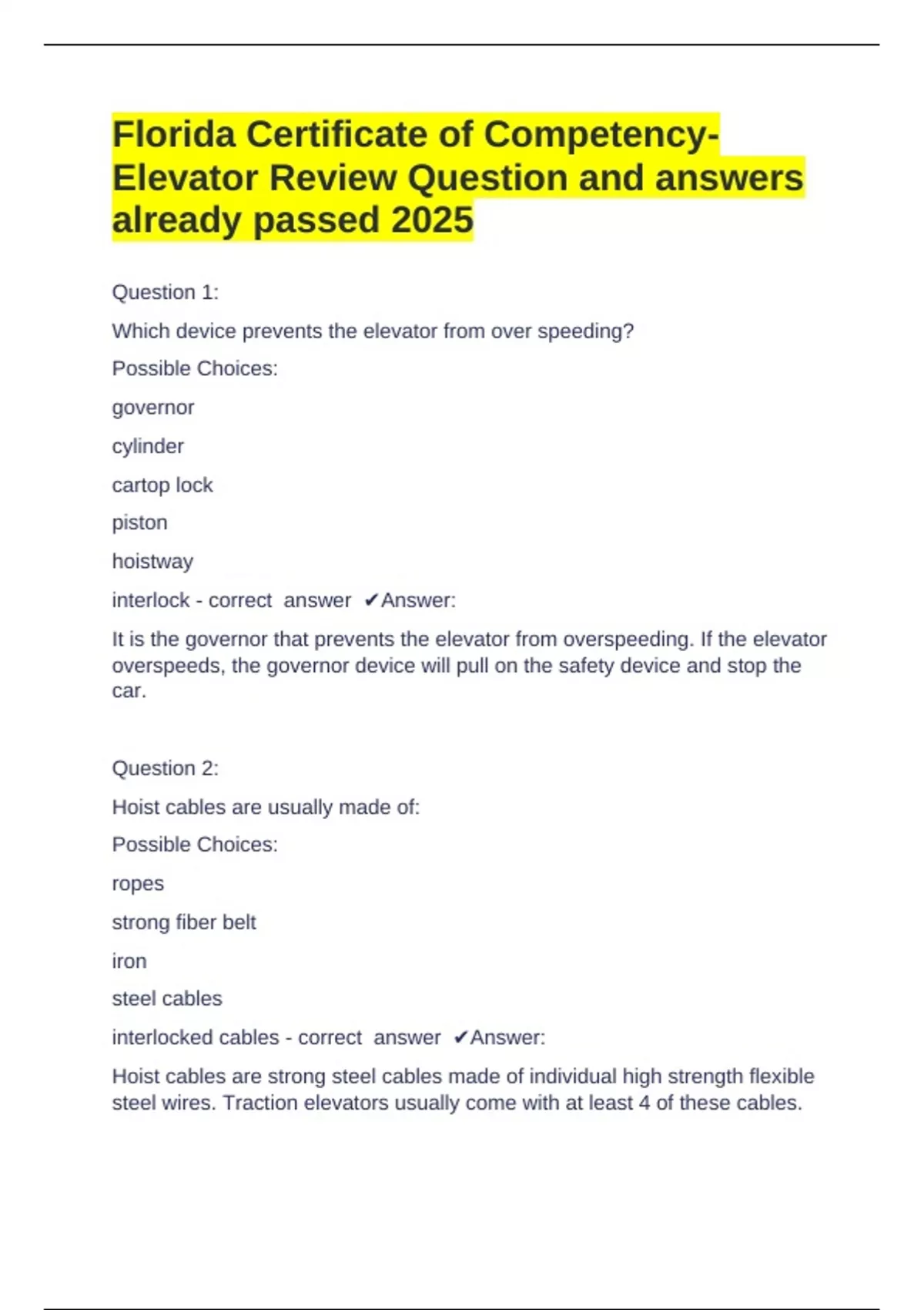 Florida Certificate of Competency- Elevator Review Question and answers ...