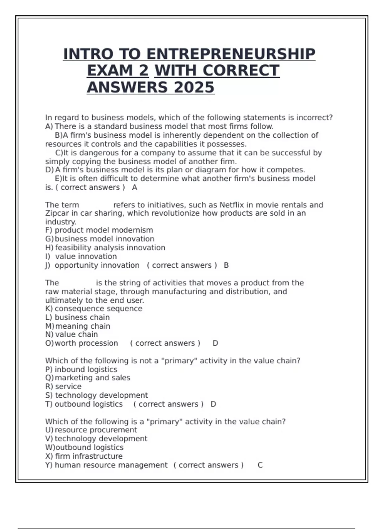 INTRO TO ENTREPRENEURSHIP EXAM 2 WITH CORRECT ANSWERS 2025 - INTRO TO ...