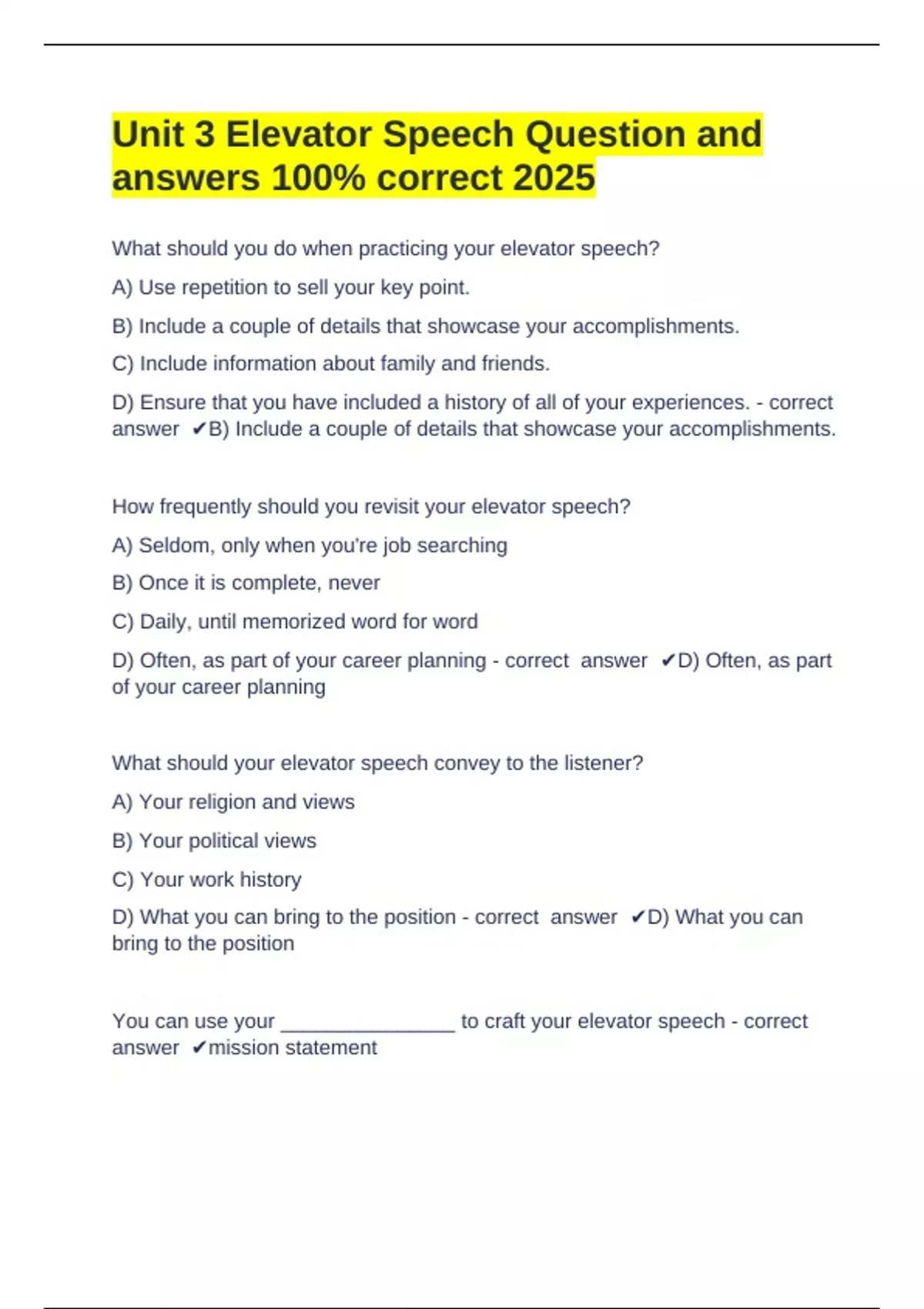 Unit 3 Elevator Speech Question and answers 100% correct 2025 - Unit 3 Elevator Speech - Stuvia US