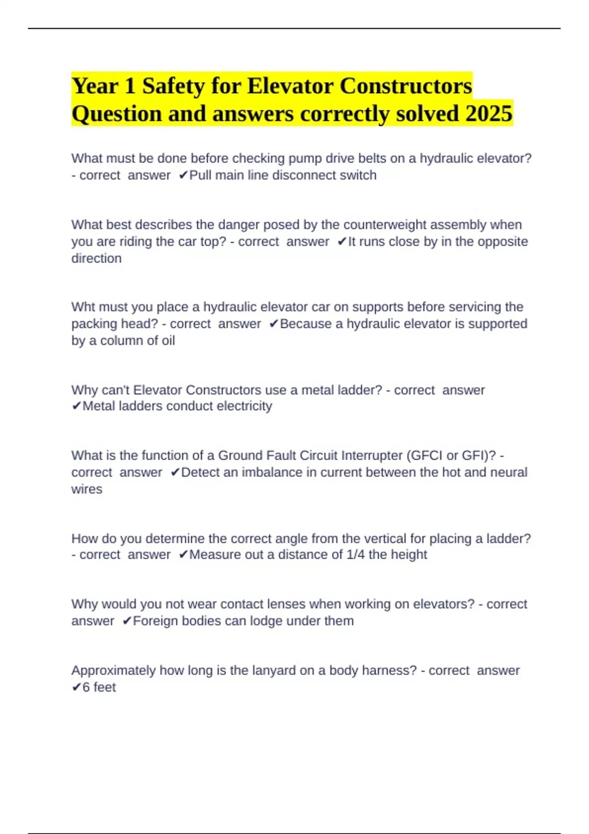 Year 1 Safety for Elevator Constructors Question and answers correctly solved 2025 - Year 1 ...