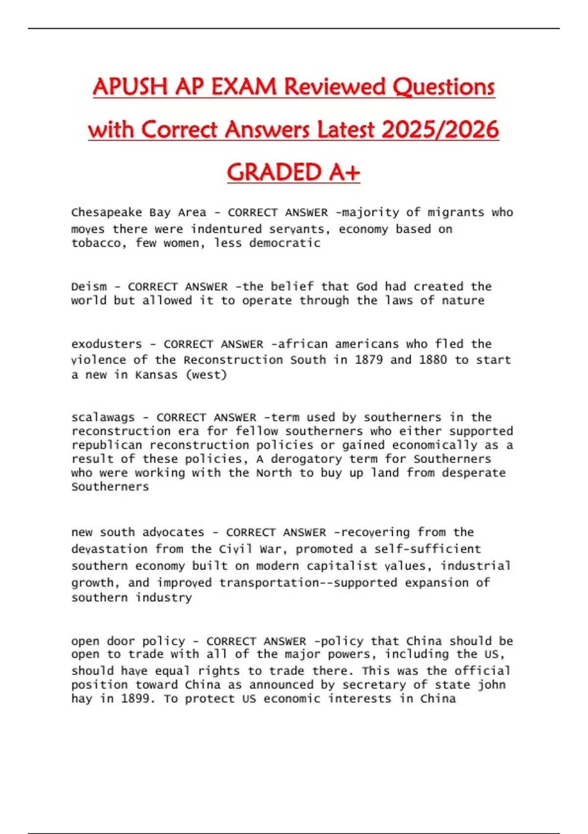 APUSH AP EXAM Reviewed Questions with Correct Answers Latest 2025/2026 ...