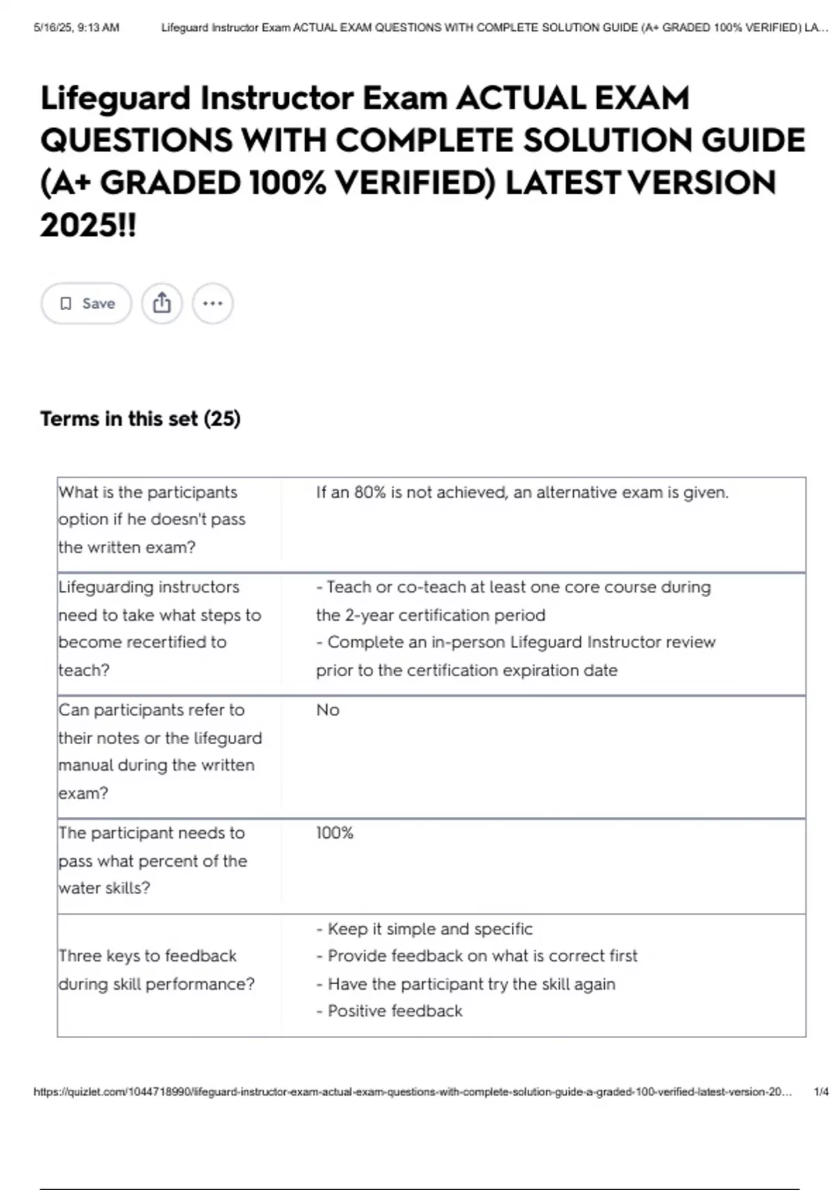 Lifeguard Instructor Exam ACTUAL EXAM QUESTIONS WITH COMPLETE SOLUTION ...