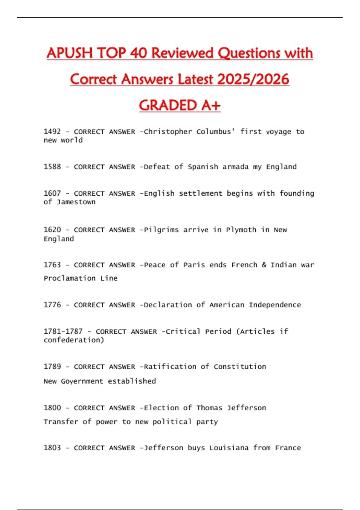 APUSH TOP 40 Reviewed Questions with Correct Answers Latest 2025/2026 ...