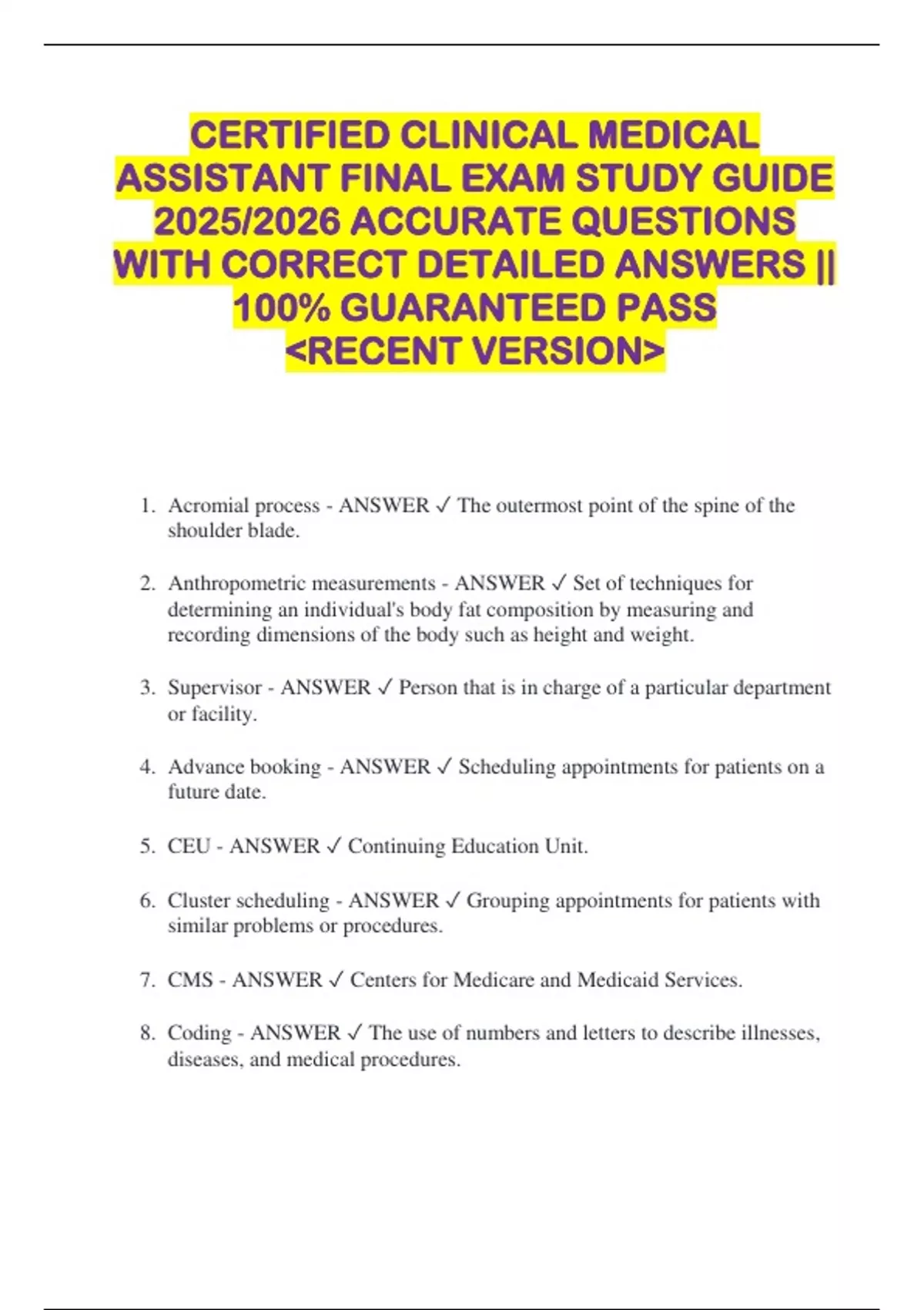 CERTIFIED CLINICAL MEDICAL ASSISTANT FINAL EXAM STUDY GUIDE 2025/2026 ...
