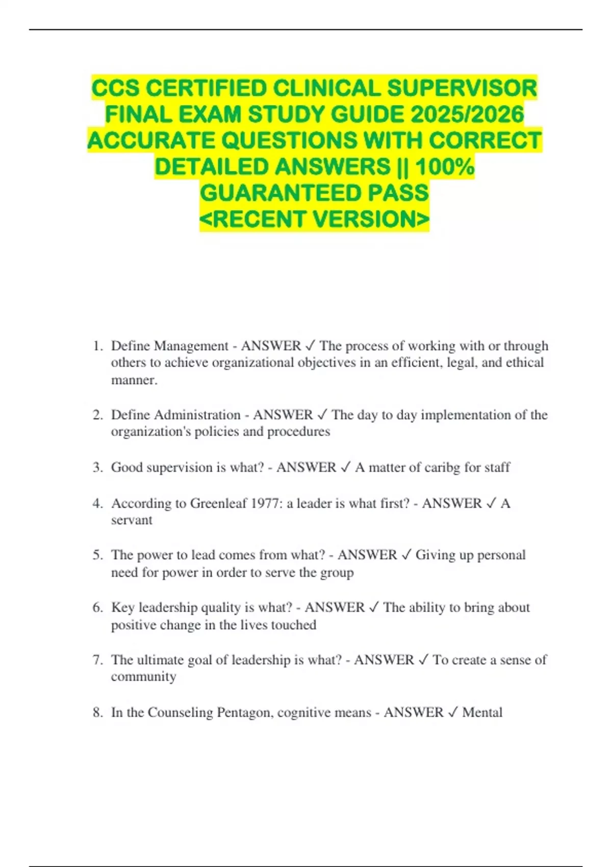 CCS CERTIFIED CLINICAL SUPERVISOR FINAL EXAM STUDY GUIDE 2025/2026 ACCURATE QUESTIONS WITH ...