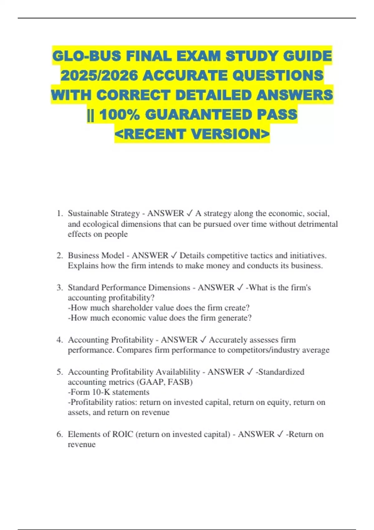GLO-BUS FINAL EXAM STUDY GUIDE 2025/2026 ACCURATE QUESTIONS WITH CORRECT DETAILED ANSWERS || 100 ...
