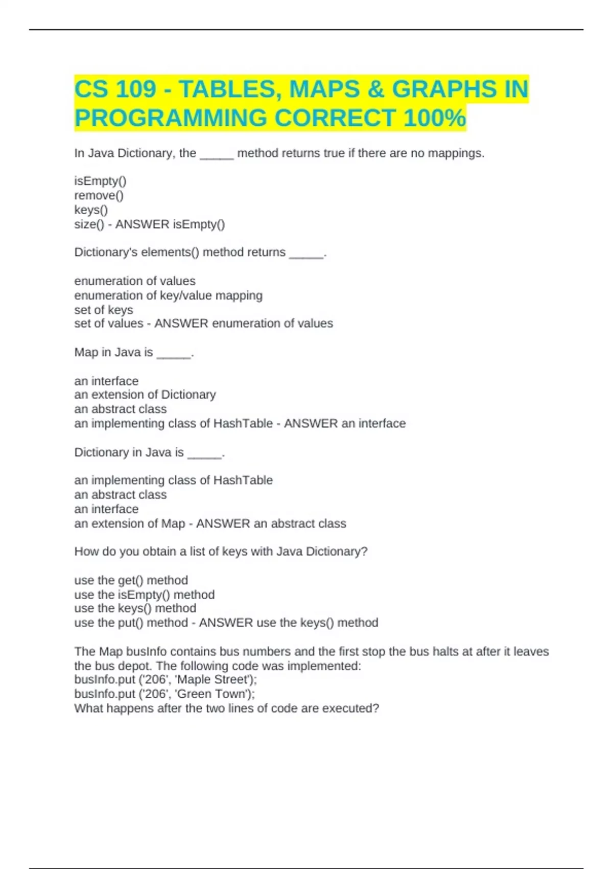 CS 109 - TABLES, MAPS & GRAPHS IN PROGRAMMING CORRECT 100% - CS 109 ...