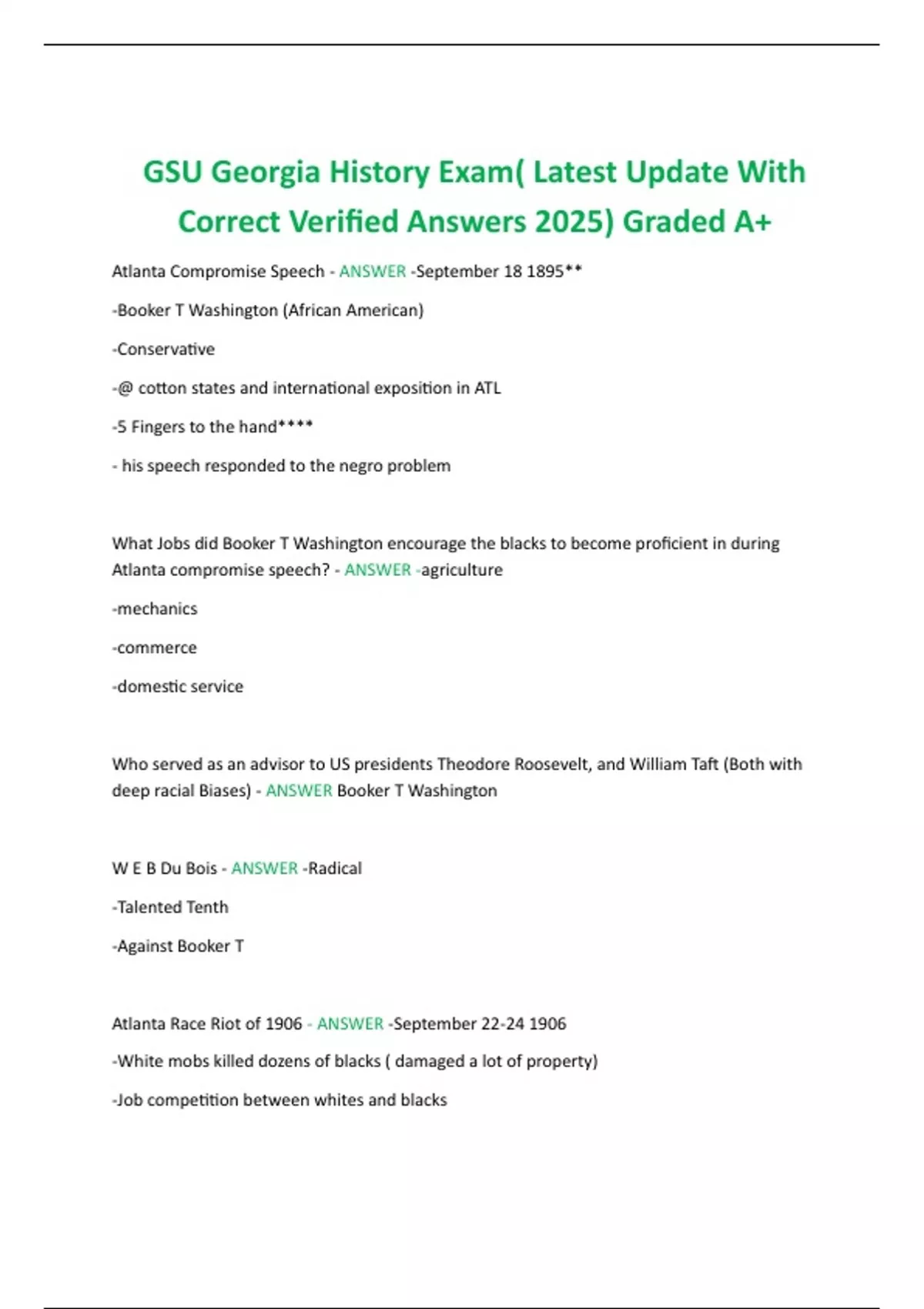 GSU Georgia History Exam( Latest Update With Correct Verified Answers ...