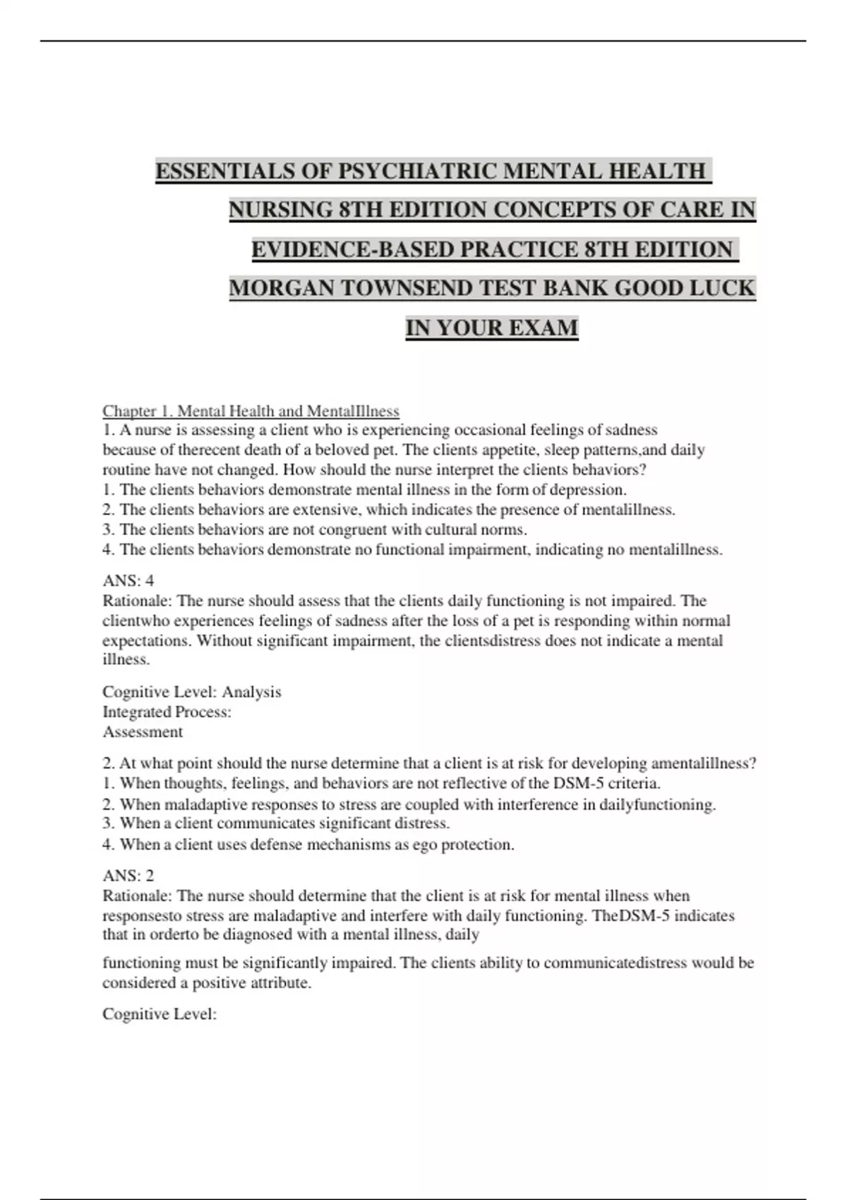 ESSENTIALS OF PSYCHIATRIC MENTAL HEALTH NURSING 8TH EDITION CONCEPTS OF ...