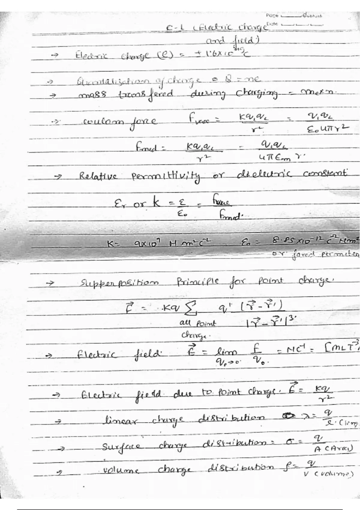 Class 12th (physics) ch - 1 "Electric charge and fields" formula notes ...