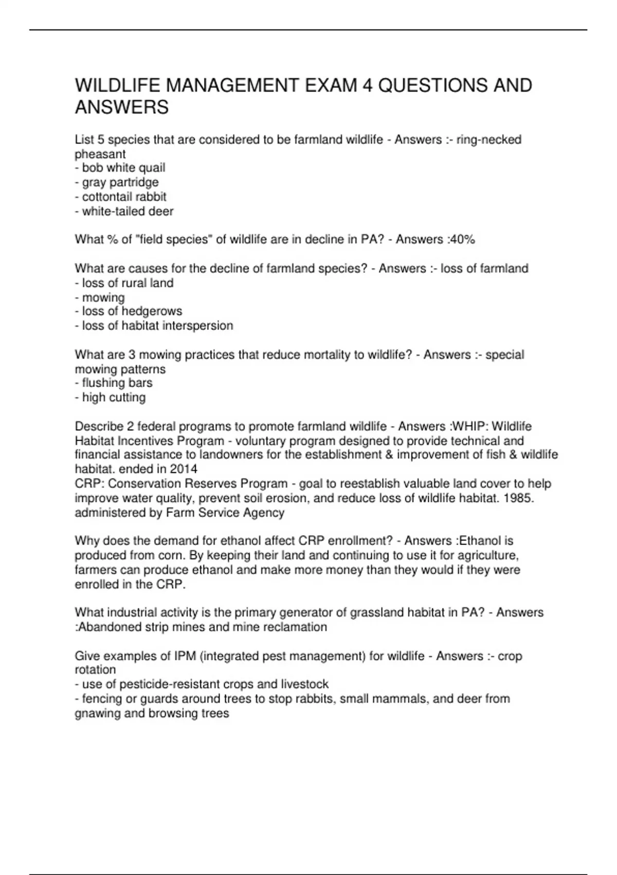 WILDLIFE MANAGEMENT EXAM 4 QUESTIONS AND ANSWERS - MANAGEMENT AND ...