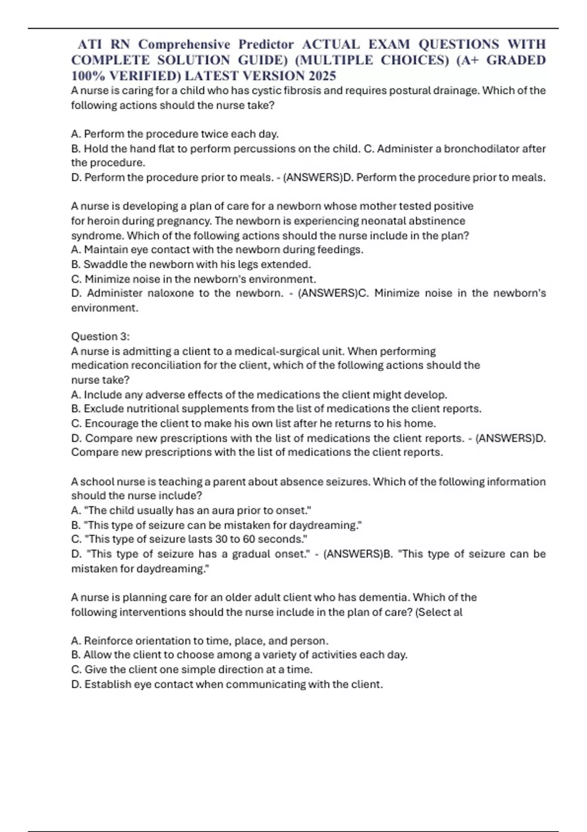 ATI RN Comprehensive Predictor ACTUAL EXAM QUESTIONS WITH COMPLETE ...