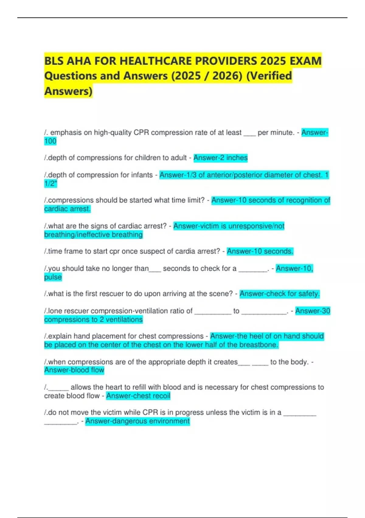 BLS AHA FOR HEALTHCARE PROVIDERS 2025 EXAM Questions and Answers (2025 ...