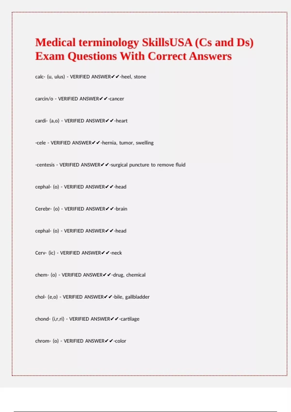 Medical terminology SkillsUSA (Cs and Ds) Exam Questions With Correct ...