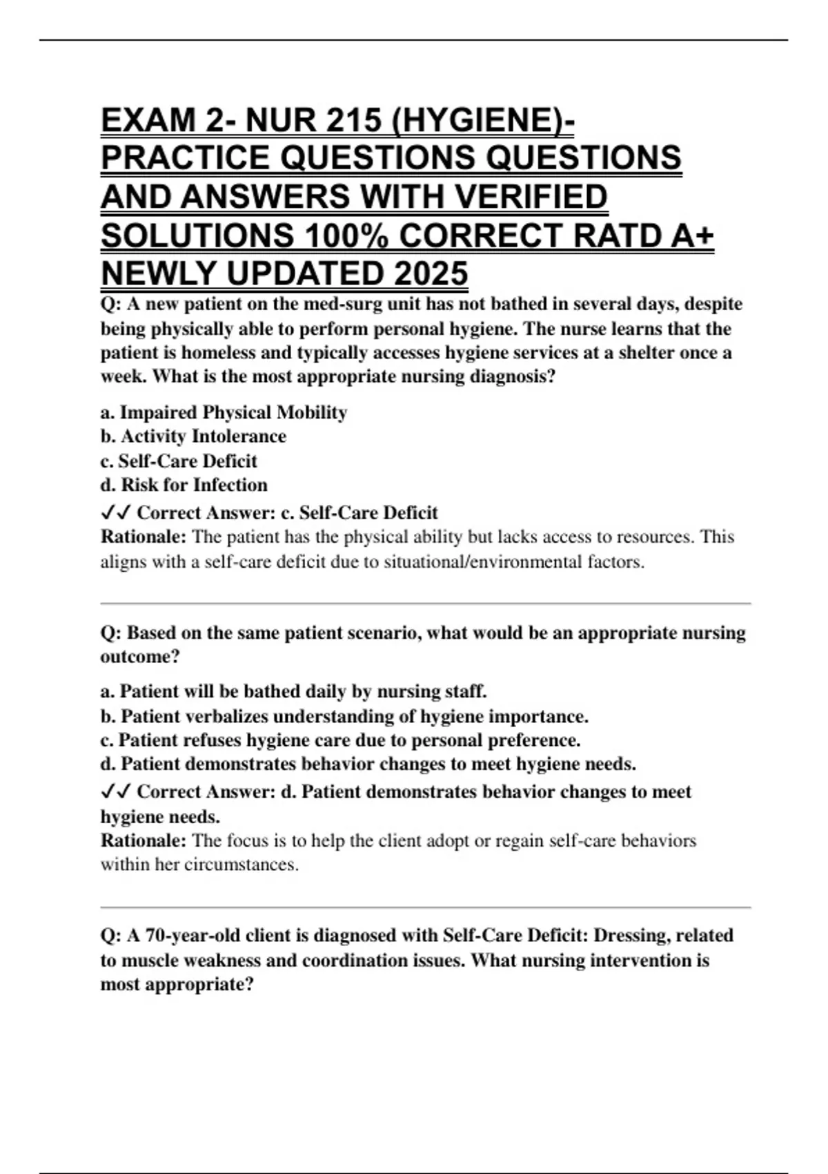 EXAM 2- NUR 215 (HYGIENE)- PRACTICE QUESTIONS QUESTIONS AND ANSWERS ...