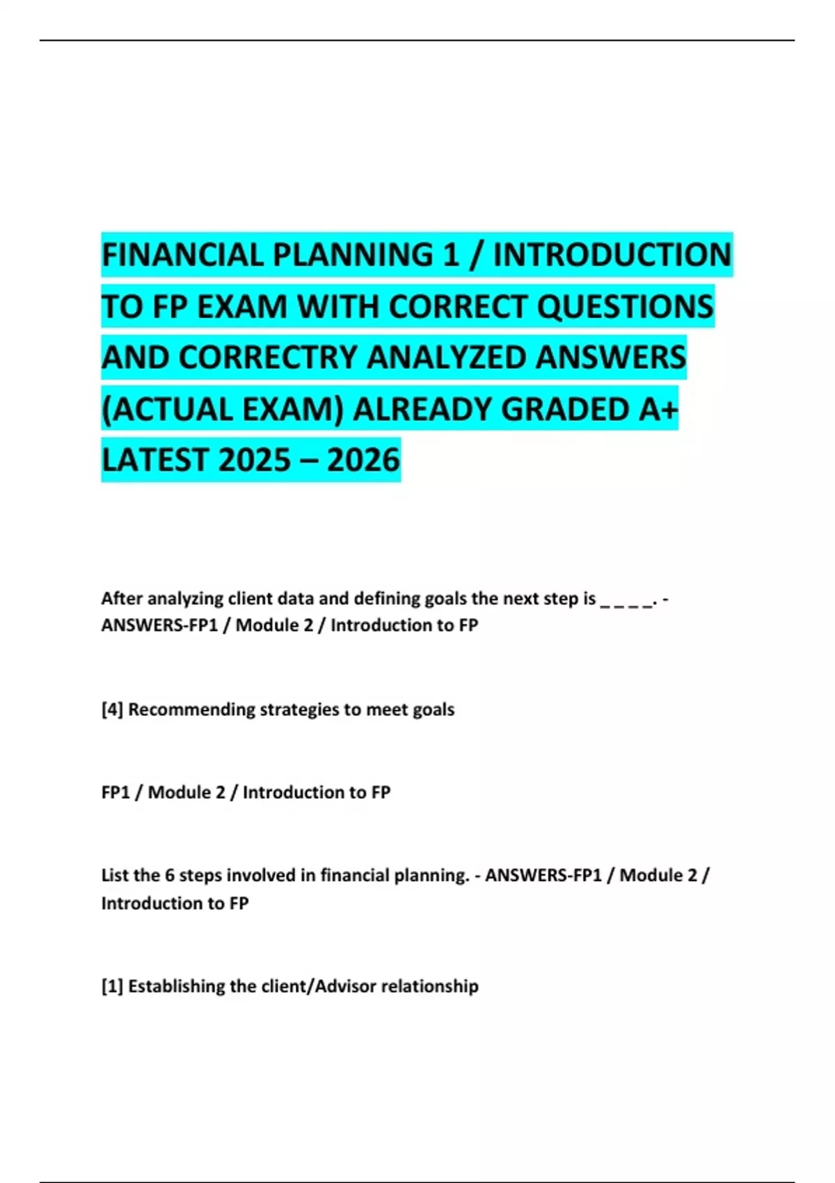 FINANCIAL PLANNING 1 / INTRODUCTION TO FP EXAM WITH CORRECT QUESTIONS ...