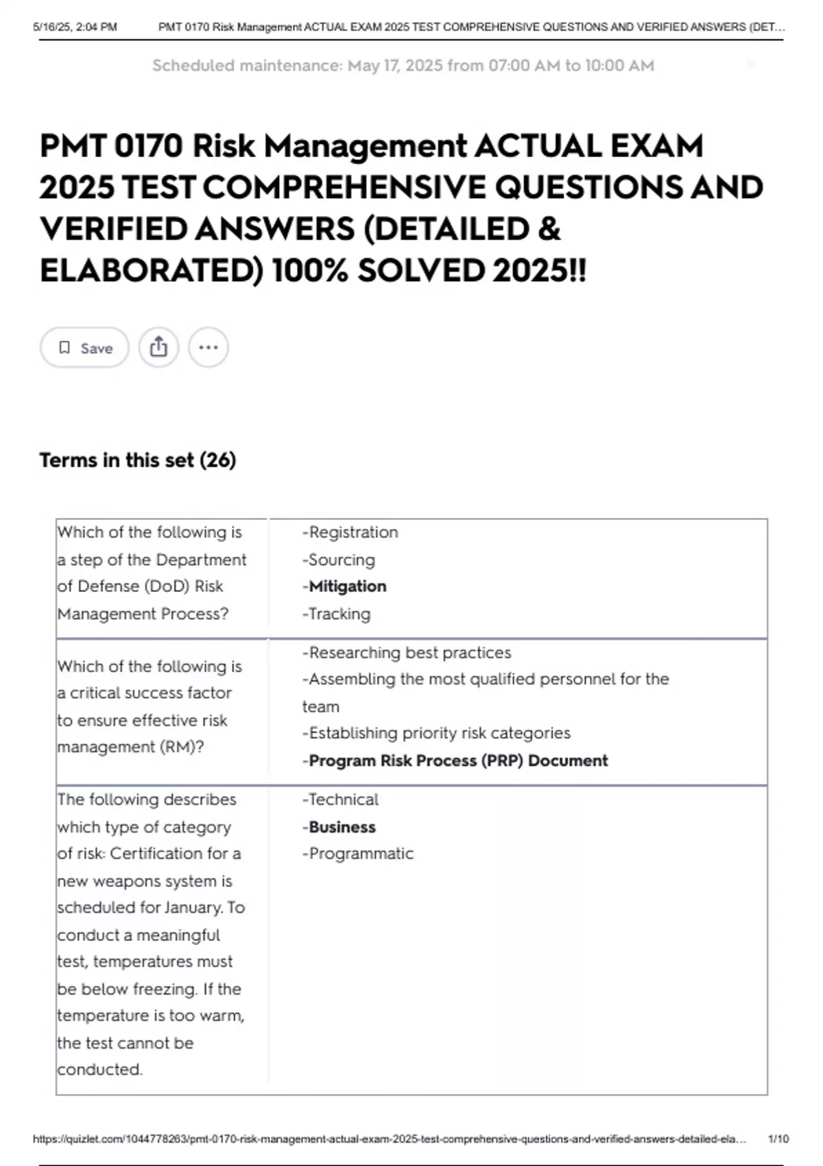 PMT 0170 Risk Management ACTUAL EXAM 2025 TEST COMPREHENSIVE QUESTIONS ...