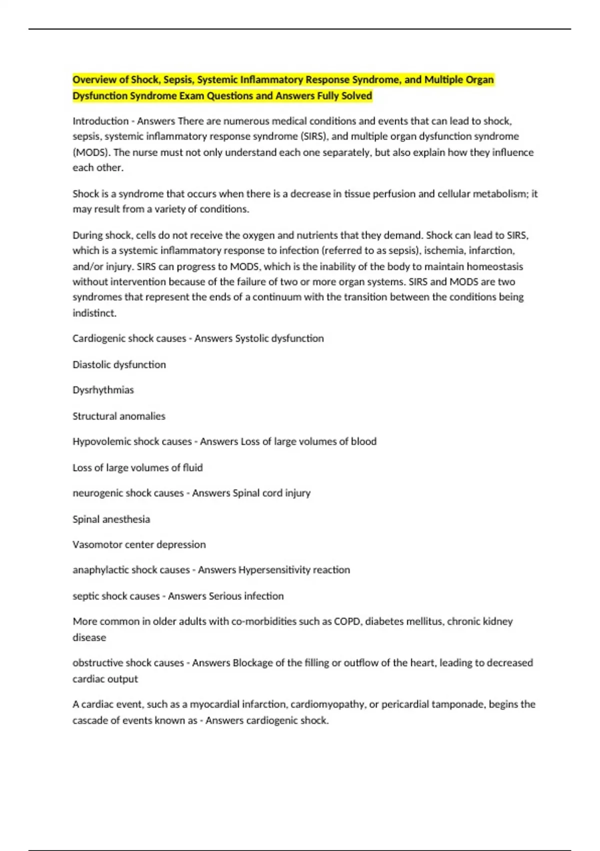 Overview of Shock, Sepsis, Systemic Inflammatory Response Syndrome, and ...