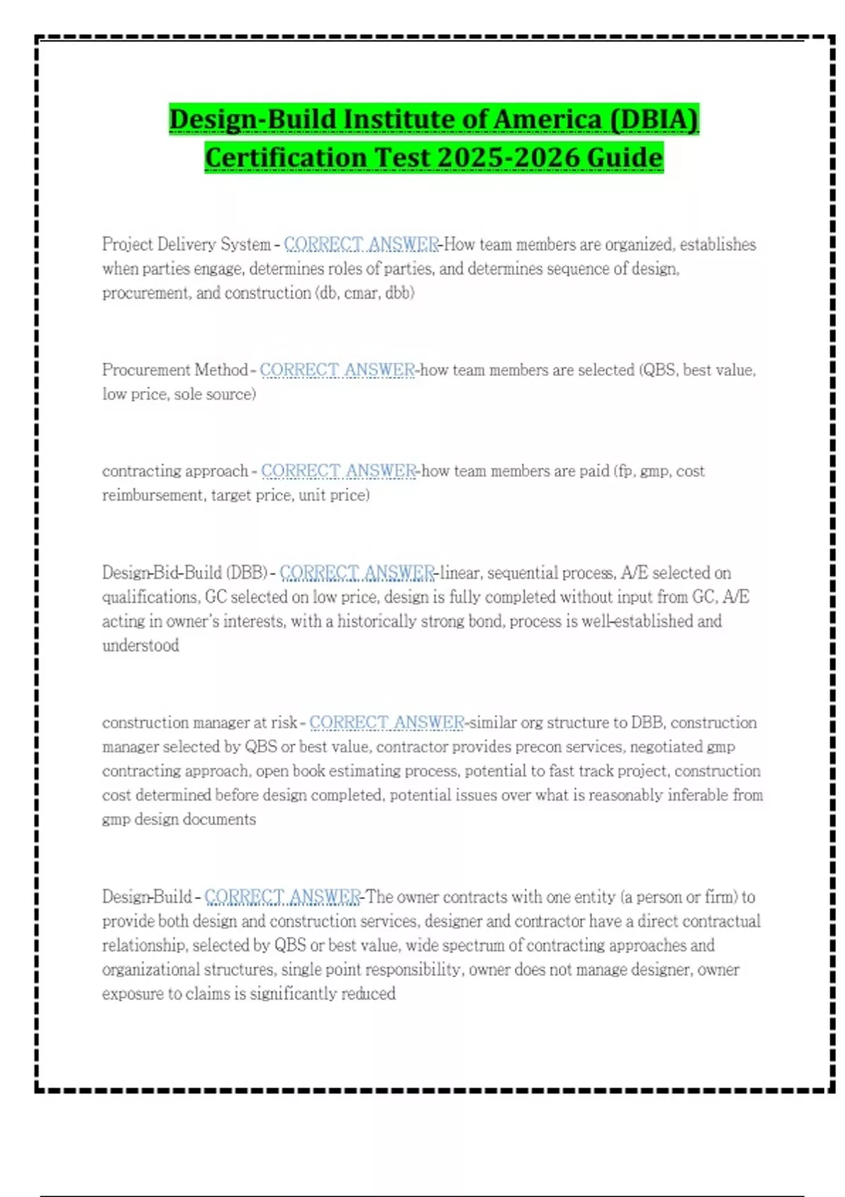 Design-Build Institute of America (DBIA) Certification Test Guide ...