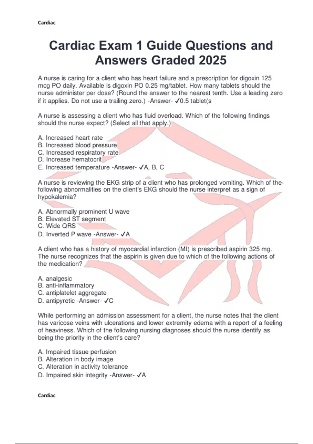 Cardiac Exam 1 Guide Questions and Answers Graded 2025 - Cardiac ...