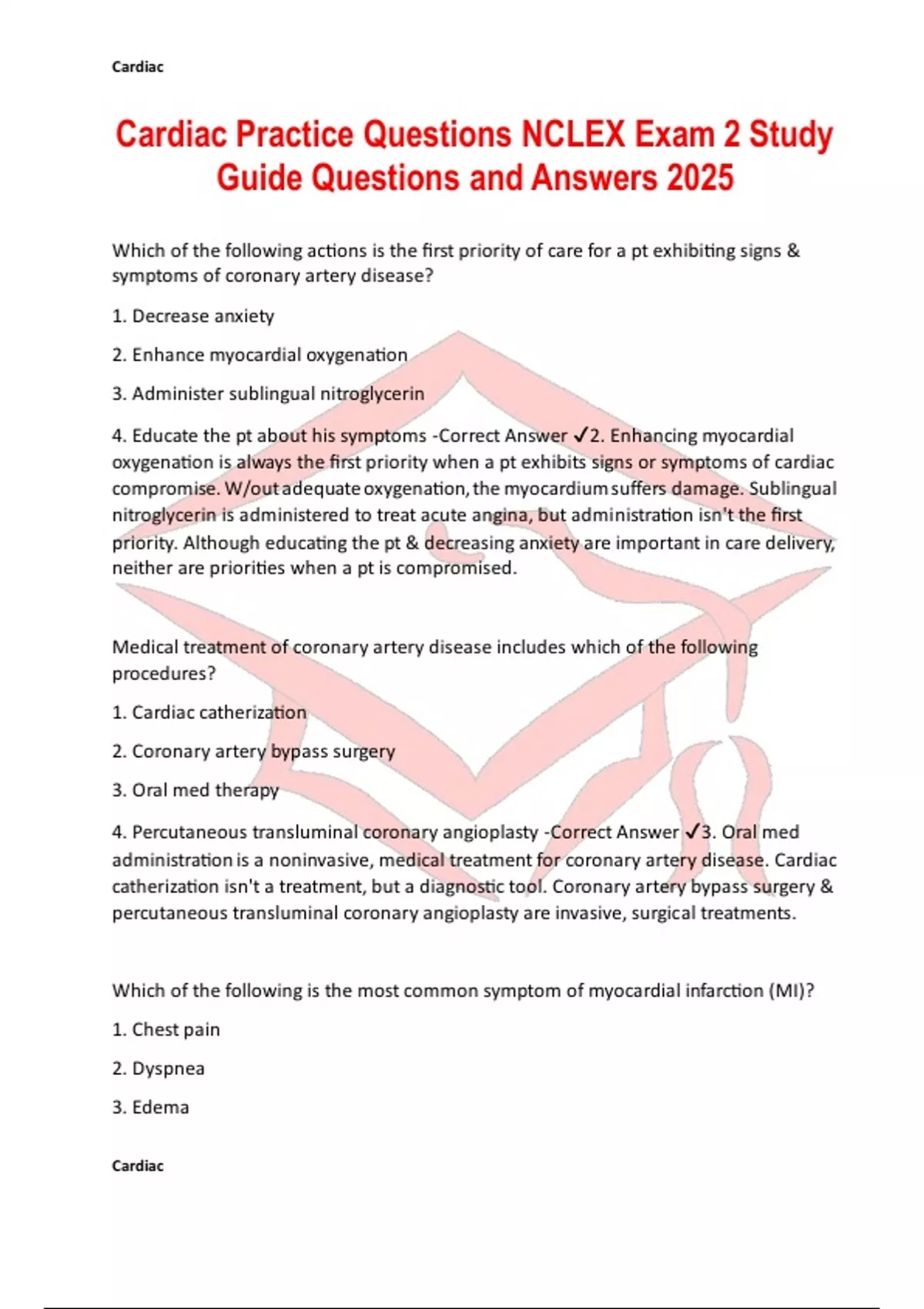 Cardiac Practice Questions NCLEX Exam 2 Study Guide Questions and ...